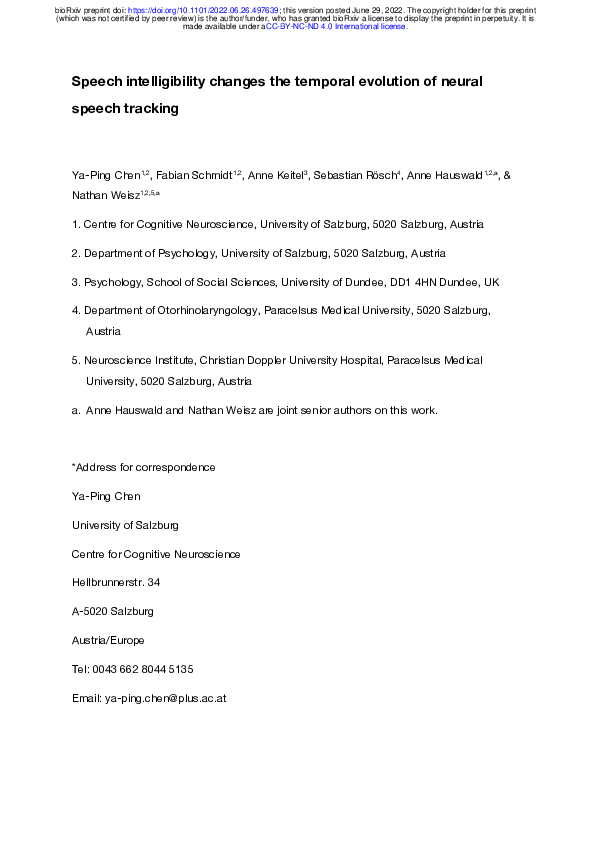 (PDF) Speech intelligibility changes the temporal evolution of neural speech tracking