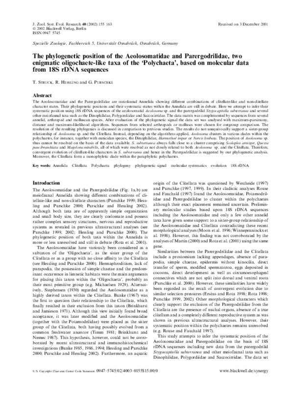 (PDF) The phylogenetic position of the Aeolosomatidae and ...