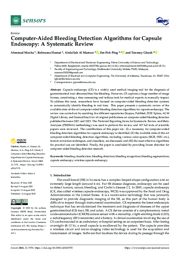 Pdf Computer Aided Bleeding Detection Algorithms For Capsule Endoscopy A Systematic Review