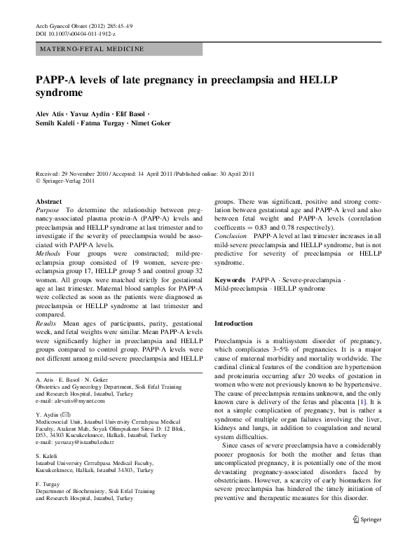 (PDF) PAPP-A levels of late pregnancy in preeclampsia and HELLP syndrome