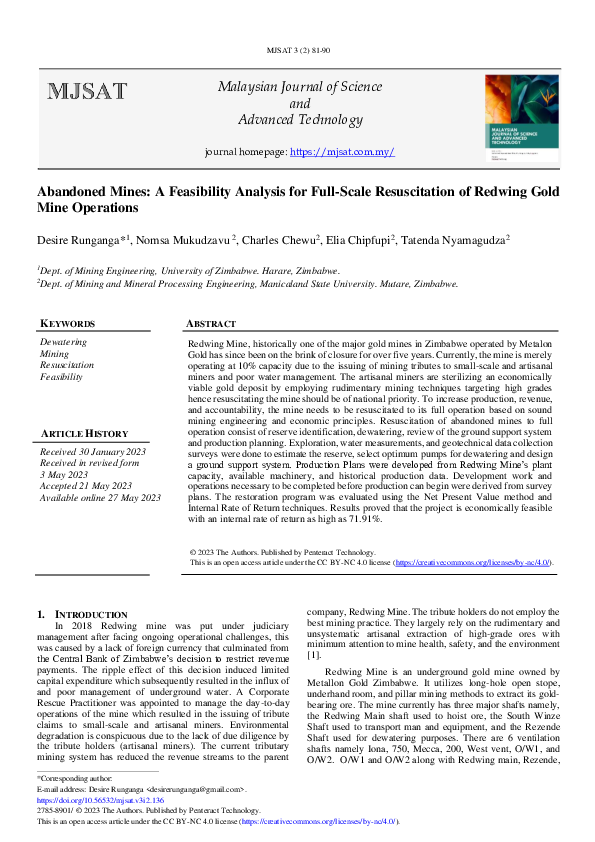 (PDF) Abandoned Mines: A Feasibility Analysis for Full-Scale Resuscitation of Redwing Gold Mine ...
