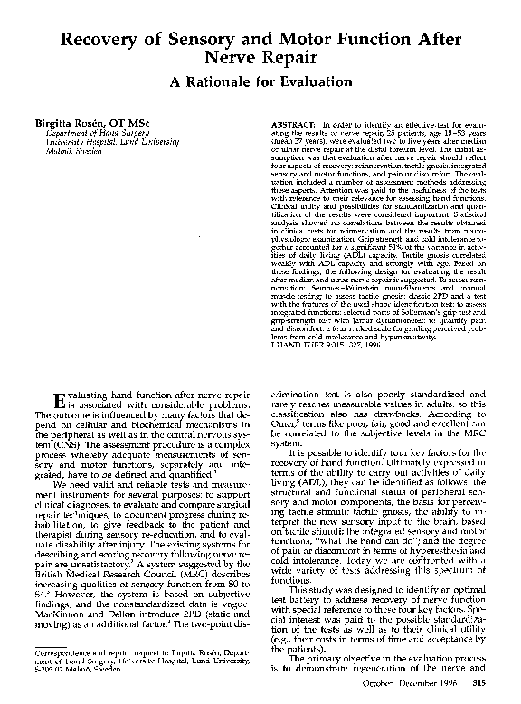 (PDF) Recovery of Sensory and Motor Function After Nerve Repair