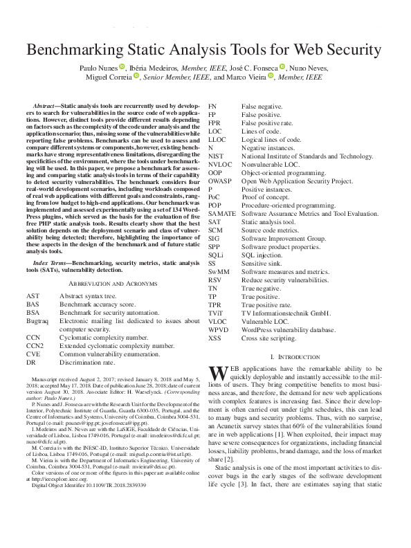 (PDF) Benchmarking Static Analysis Tools for Web Security | Paulo Nunes ...