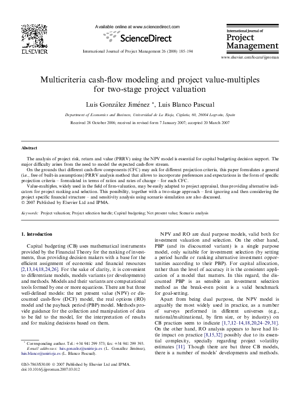 (PDF) Multicriteria cash-flow modeling and project value-multiples for ...