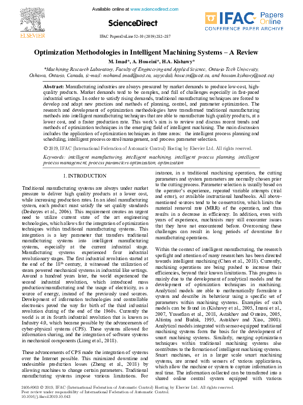 (PDF) Optimization Methodologies in Intelligent Machining Systems - A Review