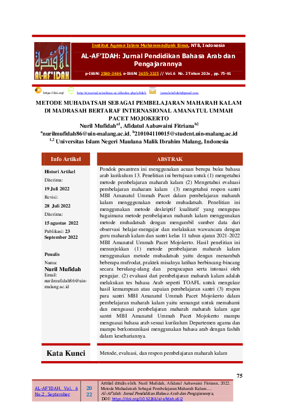 Pdf Metode Muhadatsah Sebagai Pembelajaran Maharah Kalam Di Madrasah