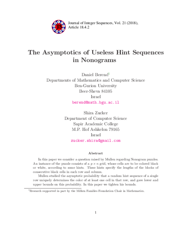 (PDF) The Asymptotics of Useless Hint Sequences in Nonograms