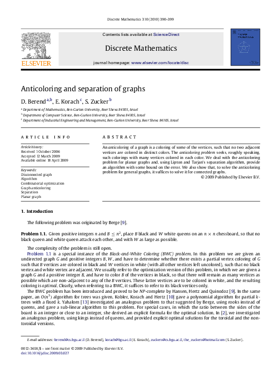 (PDF) Anticoloring and separation of graphs | Daniel Berend - Academia.edu