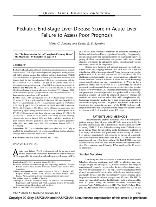 (PDF) Pediatric End-stage Liver Disease Score in Acute Liver Failure to ...