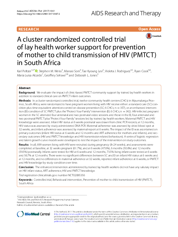 Pdf A Cluster Randomized Controlled Trial Of Lay Health Worker Support For Prevention Of