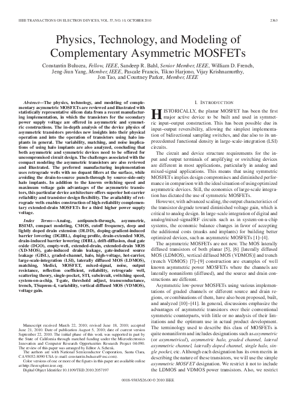 (PDF) Physics, Technology, and Modeling of Complementary Asymmetric MOSFETs