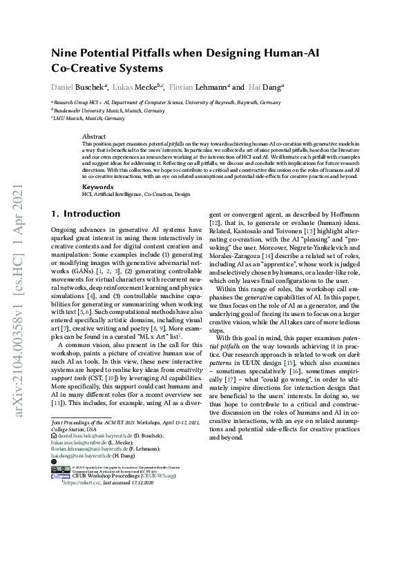 (PDF) Nine Potential Pitfalls when Designing Human-AI Co-Creative Systems
