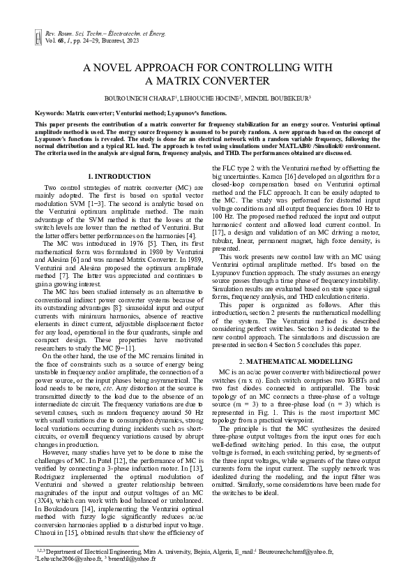 (PDF) A Novel Approach for Controlling with a Matrix Converter