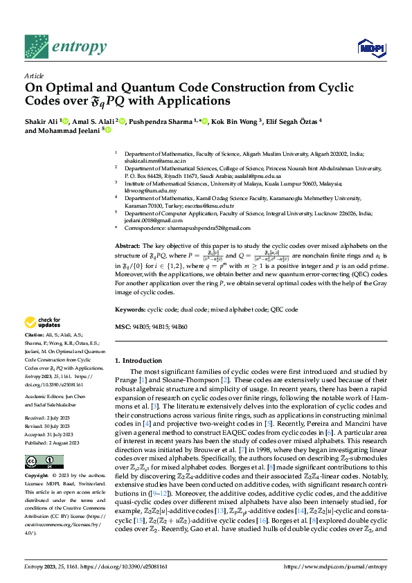 (PDF) On Optimal and Quantum Code Construction from Cyclic Codes over FqPQ with Applications