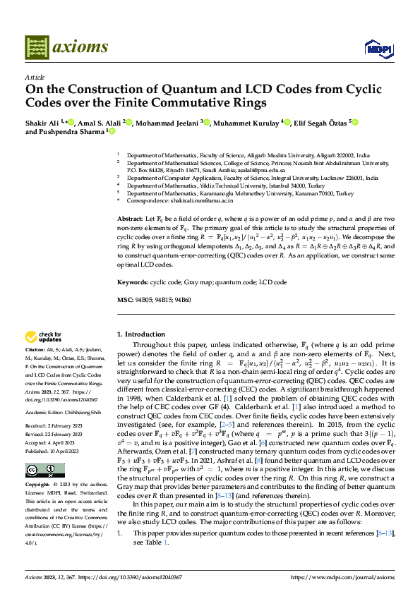 (PDF) On the Construction of Quantum and LCD Codes from Cyclic Codes over the Finite Commutative ...