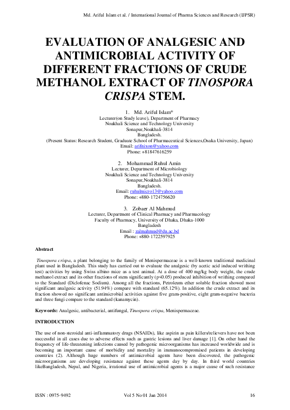 (PDF) Evaluation of Analgesic and Antimicrobial Activity of Stem Bark Extract of Jatropha Curcas