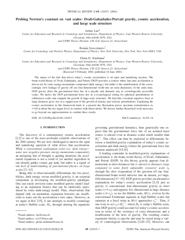 (PDF) Probing Newton’s constant on vast scales: Dvali-Gabadadze-Porrati gravity, cosmic ...