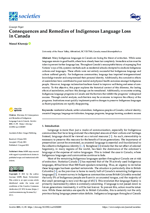 (PDF) Consequences and Remedies of Indigenous Language Loss in Canada