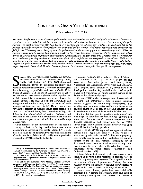Pdf Continuous Grain Yield Monitoring Fernando Perez Munoz