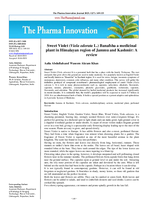 (PDF) Sweet Violet (Viola odorata L.) Banafsha a medicinal plant in ...