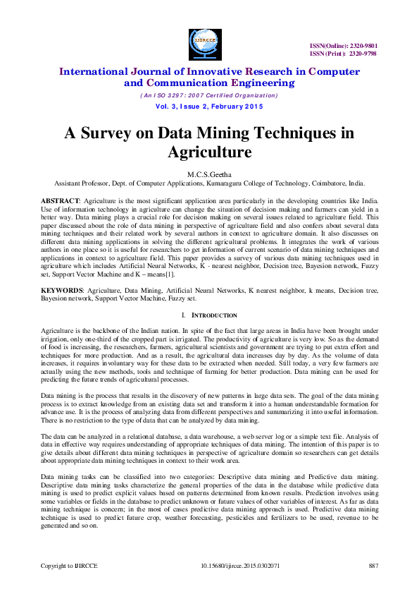 (PDF) A Survey on Data Mining Techniques inAgriculture