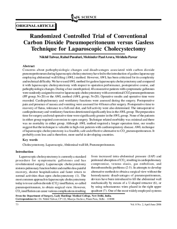 (PDF) Randomized Controlled Trial of Conventional Carbon Dioxide Pneumoperitoneum versus Gasless ...