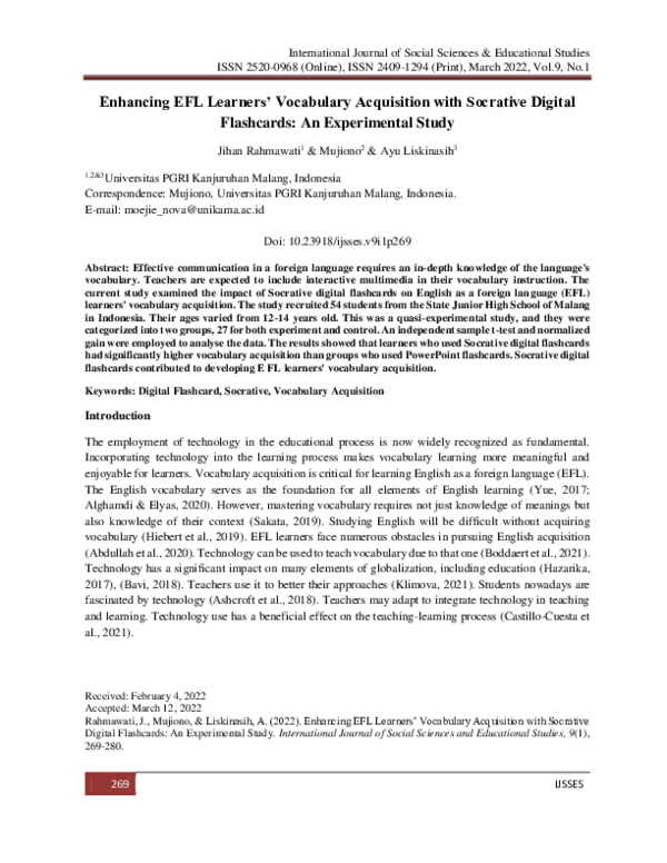 (PDF) Enhancing EFL Learners’ Vocabulary Acquisition with Socrative Digital Flashcards: An ...