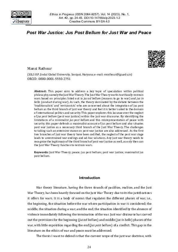 (PDF) Post War Justice: Jus Post Bellum for Just War and Peace