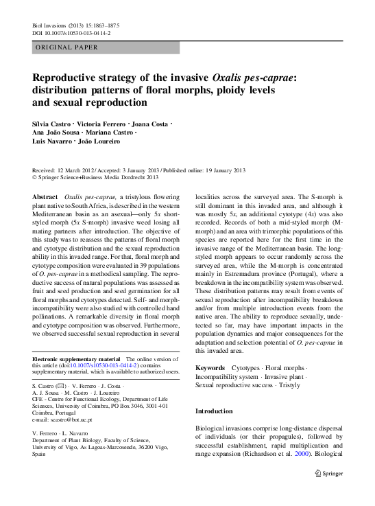 Pdf Reproductive Strategy Of The Invasive Oxalis Pes Caprae Distribution Patterns Of Floral