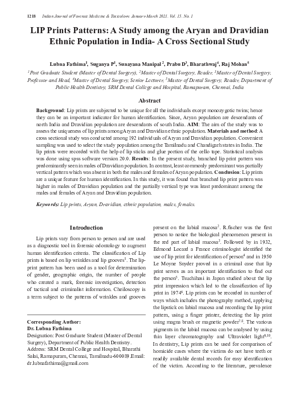 (PDF) LIP Prints Patterns: A Study among the Aryan and Dravidian Ethnic ...