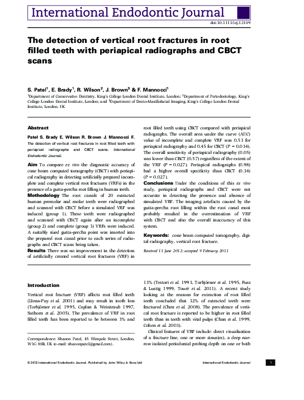 (PDF) The detection of vertical root fractures in root filled teeth ...