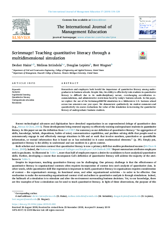 (PDF) Scrimmage! Teaching quantitative literacy through a multidimensional simulation
