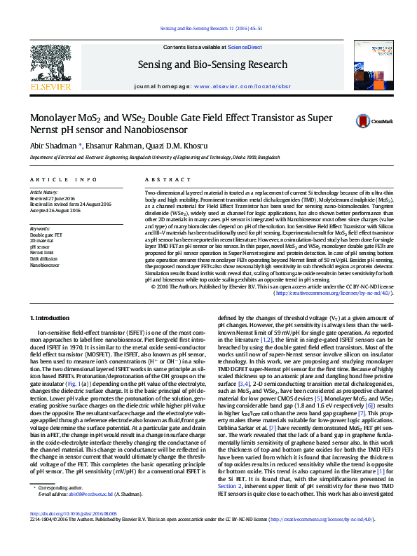 (PDF) Monolayer MoS 2 and WSe 2 Double Gate Field Effect Transistor as Super Nernst pH sensor ...