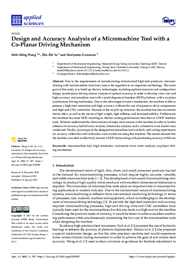 (PDF) Design and Accuracy Analysis of a Micromachine Tool with a Co ...