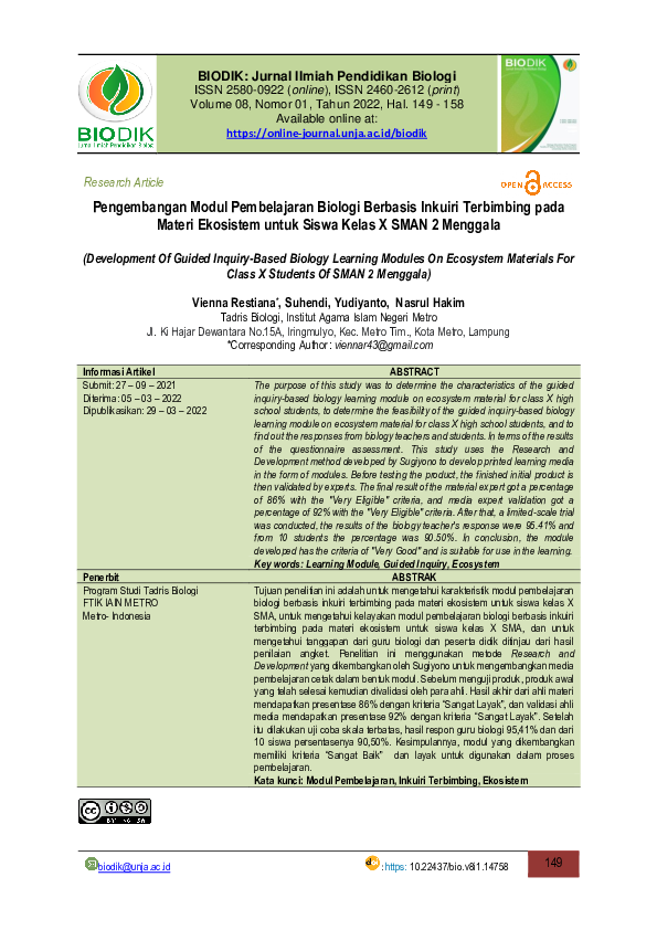 (PDF) Pengembangan Modul Pembelajaran Biologi Berbasis Inkuiri Terbimbing pada Materi Ekosistem ...
