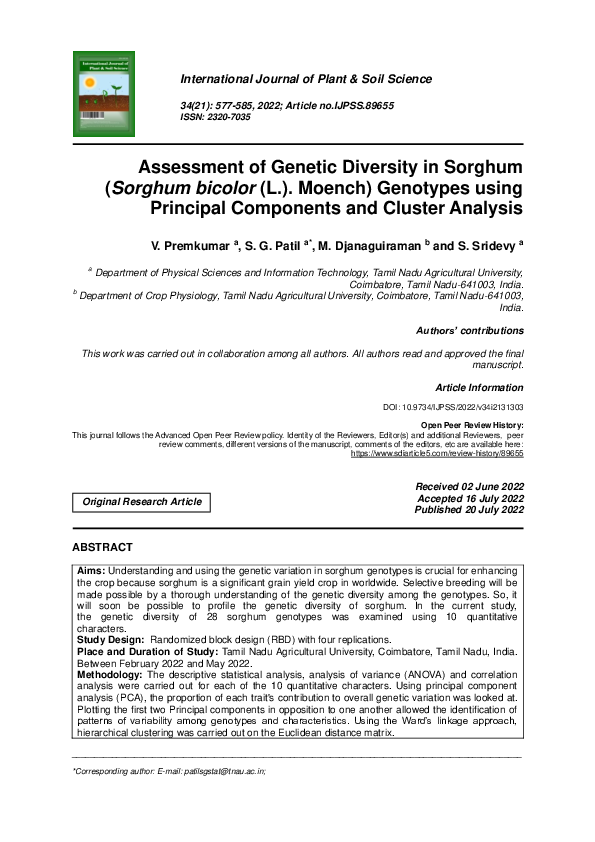 Pdf Assessment Of Genetic Diversity In Sorghum Sorghum Bicolor L