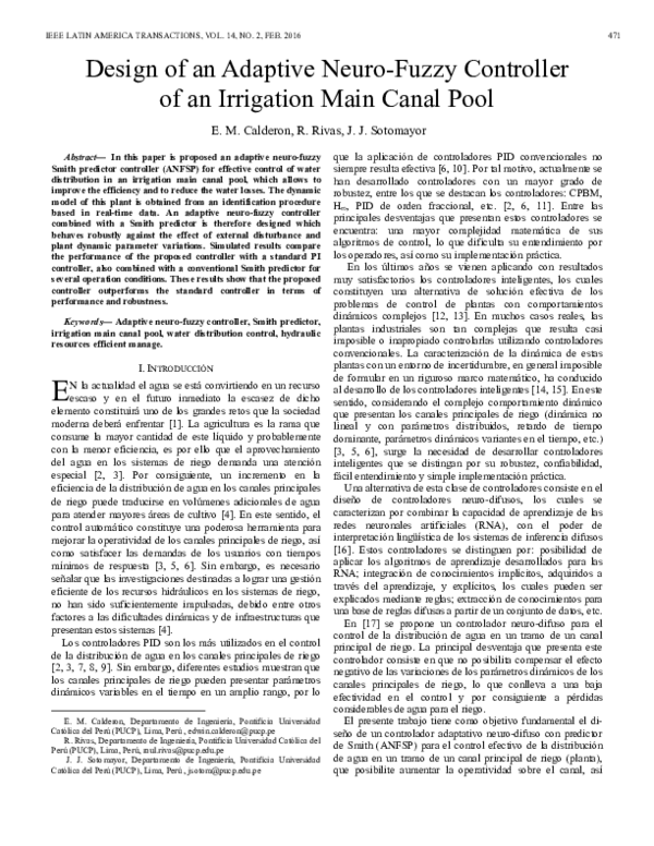 (PDF) Design of an adaptive neuro-fuzzy controller of an irrigation main canal pool | Raúl Rivas ...