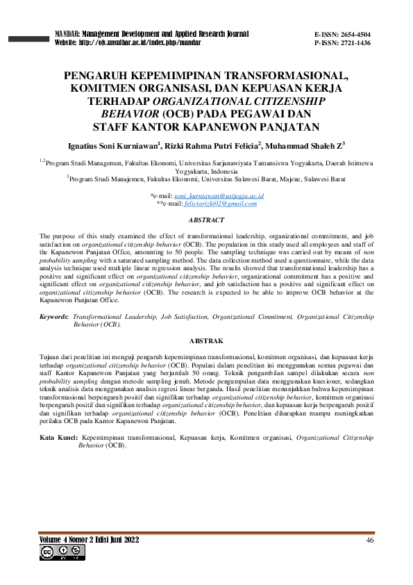 (PDF) Pengaruh Kepemimpinan Transformasional, Komitmen Organisasi, Dan Kepuasan Kerja Terhadap ...