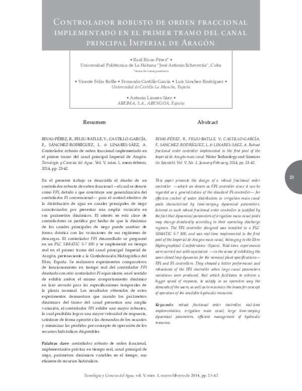 Pdf Robust Fractional Order Controller Implemented In The First Pool