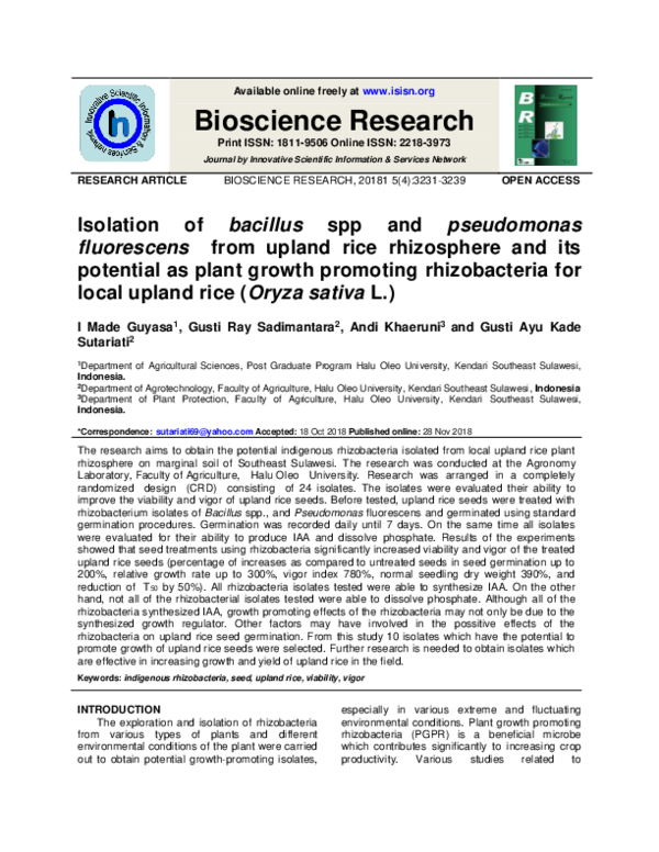 (PDF) Isolation of bacillus spp and pseudomonas fluorescens from upland ...