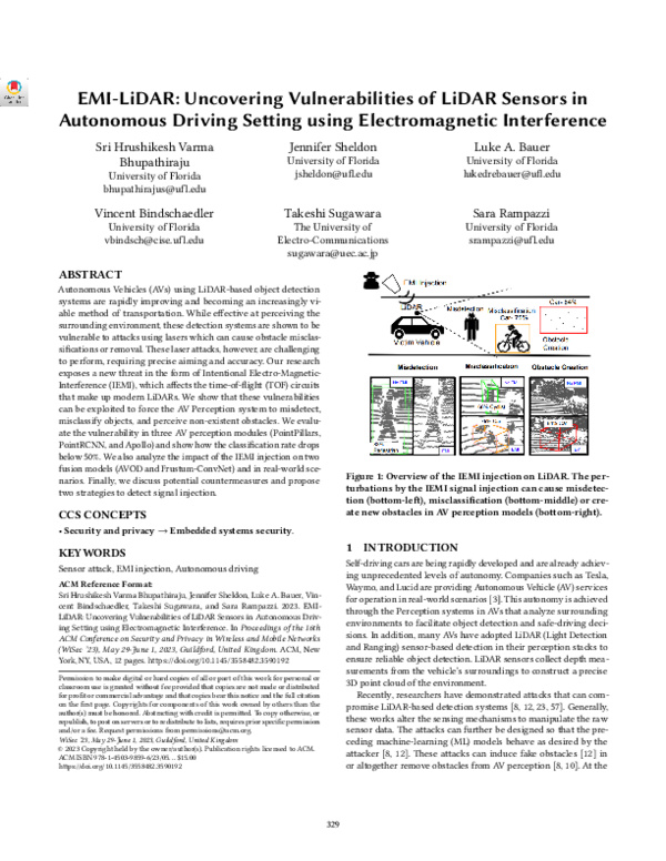 Pdf Emi Lidar Uncovering Vulnerabilities Of Lidar Sensors In Autonomous Driving Setting Using