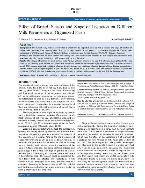 (PDF) Effect of Breed, Season and Stage of Lactation on Different Milk ...