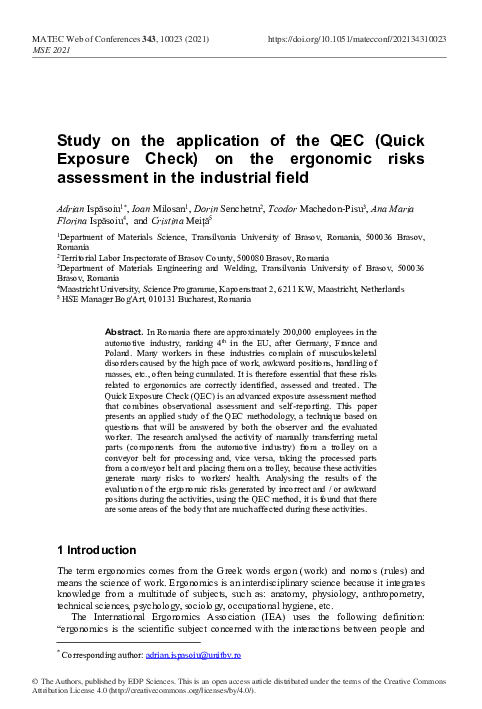 (PDF) Study on the application of the QEC (Quick Exposure Check) on the ergonomic risks ...