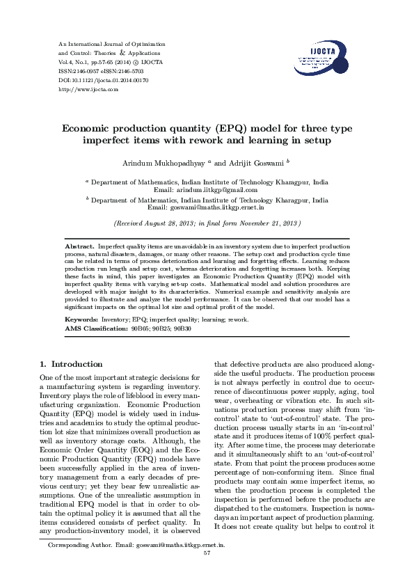 Pdf Economic Production Quantity Epq Model For Three Type Imperfect Items With Rework And
