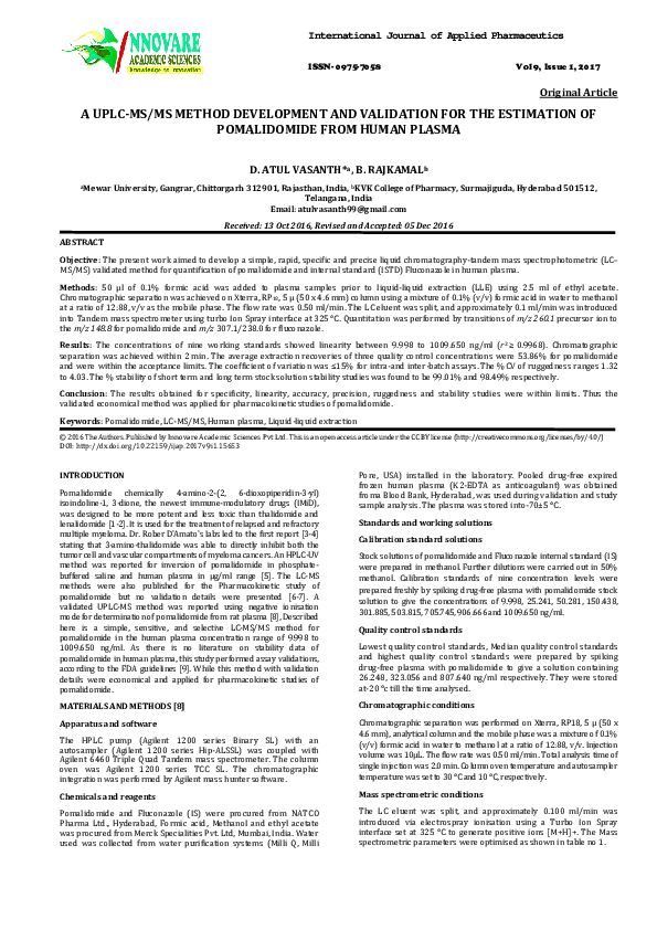 Pdf A Uplc Ms Ms Method Development And Validation For The Estimation Of Pomalidomide From