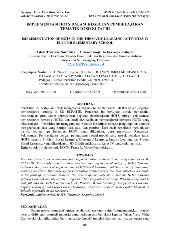 (PDF) Implementasi Hots Dalam Kegiatan Pembelajaran Tematik DI SD Elfatih