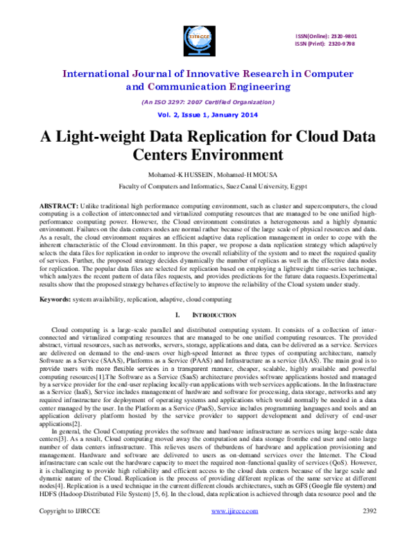 (PDF) A Light-weight Data Replication for Cloud DataCenters Environment