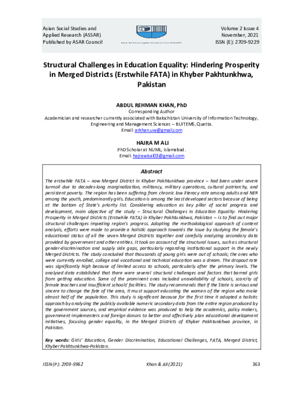 (PDF) Structural Challenges in Education Equality: Hindering Prosperity in Merged Districts ...
