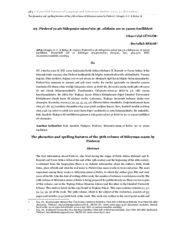 (PDF) Firdevsî’ye Ait Süleymân-Nâme’nin 36. Cildinin Ses ve Yazım Özellikleri | Beytullah BEKAR ...
