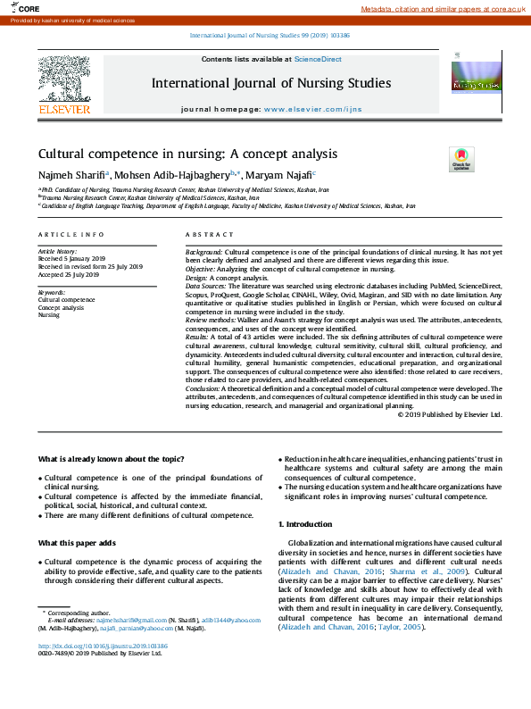 (PDF) Cultural competence in nursing: A concept analysis